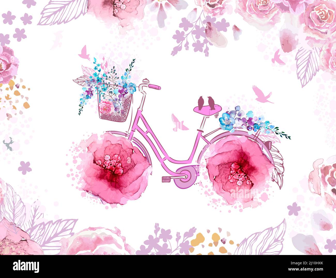 Hand drawing print design. Bicycle with flowers wheels. vector ...