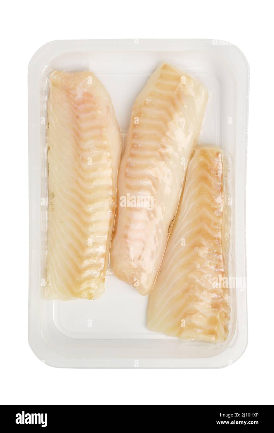 Vacuum packed cod fillets isolated on white background close up Stock ...
