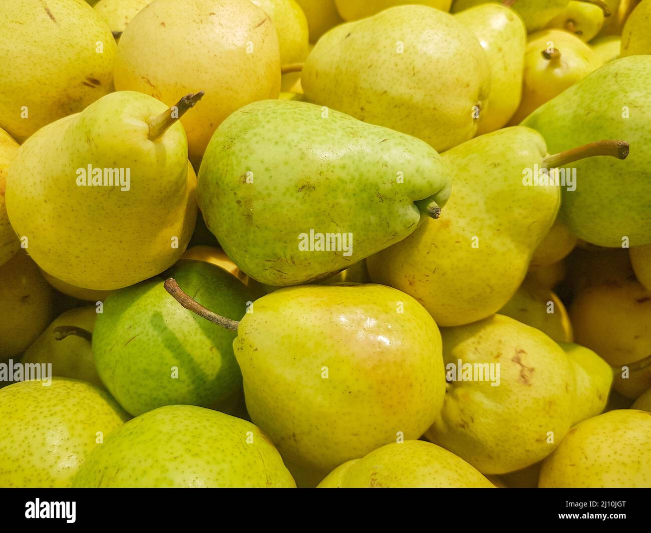 Food background yellow and green fresh ripe pears, close-up view from ...