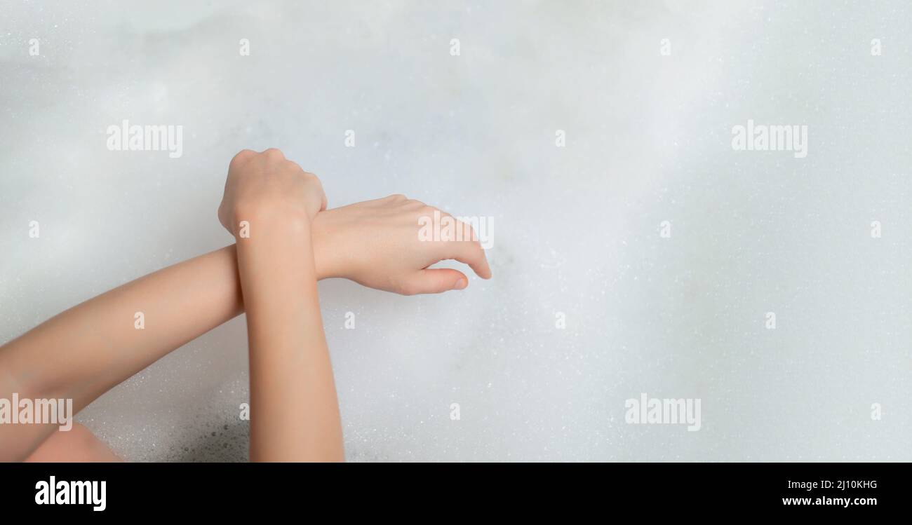Relaxation, reflection, thoughtfulness in a bubble bath concept. Women ...