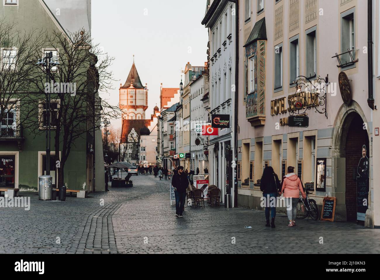 View of people walking down the street in the historic center of ...