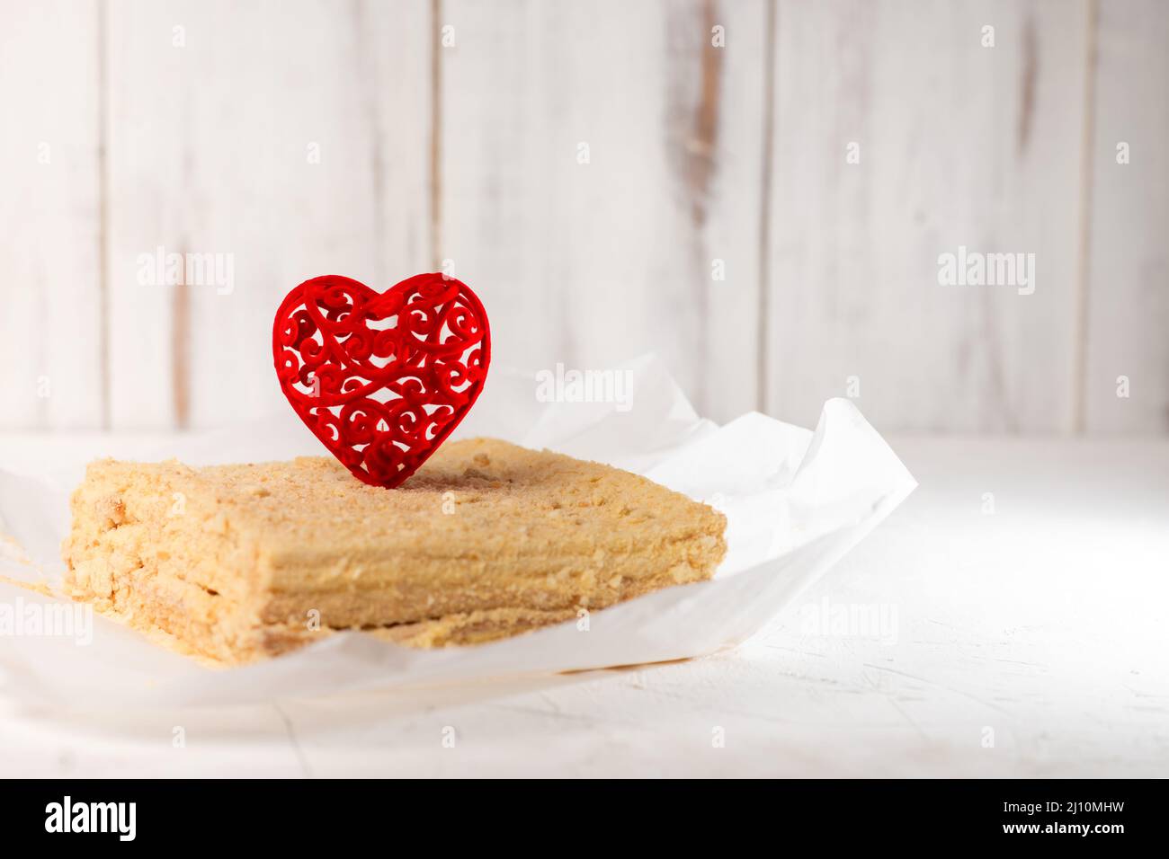 Cake with a red heart. Vegetarian napoleon cake with valentine's day ...