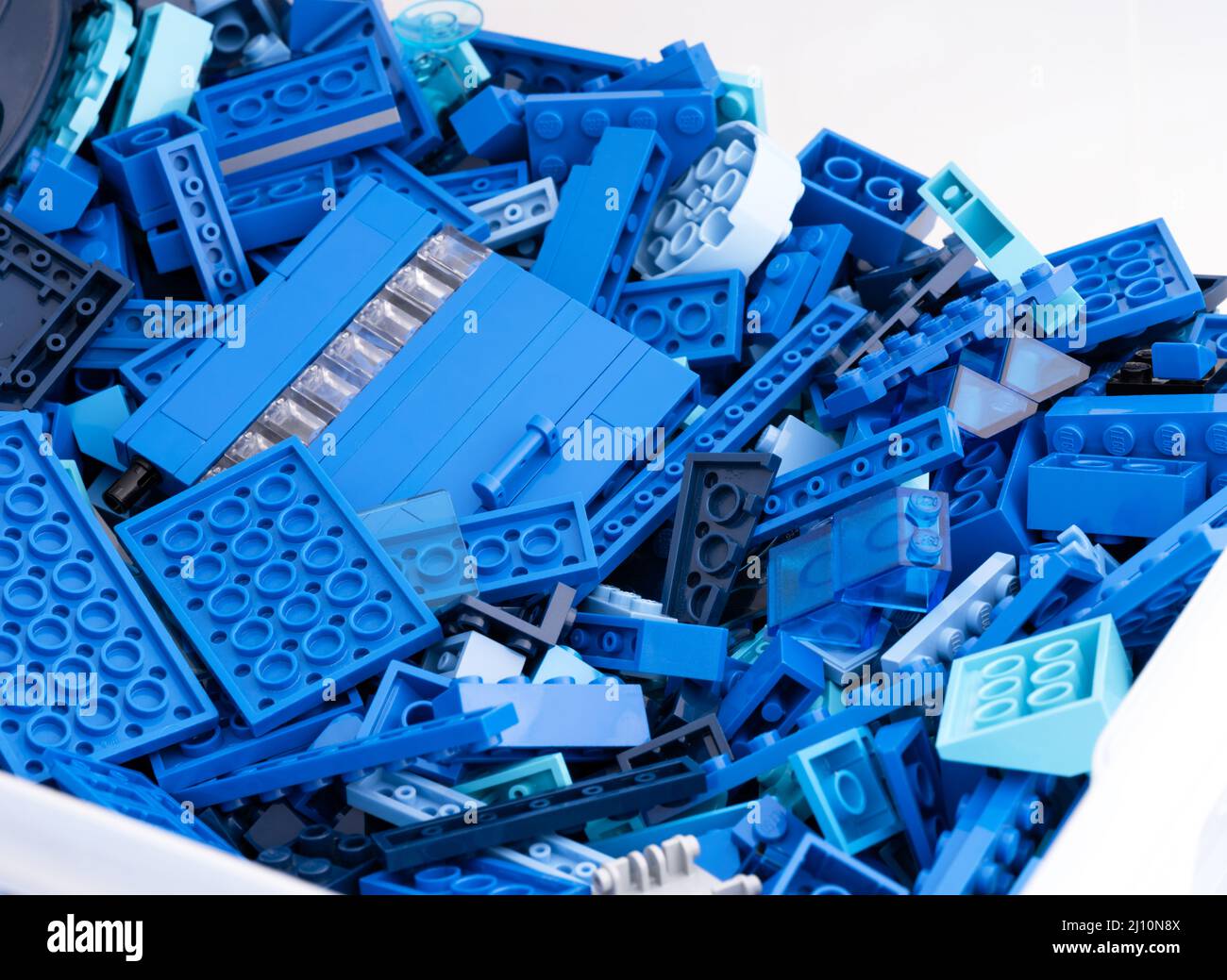 Tambov, Russian Federation - July 12, 2021 Many blue Lego blocks ...