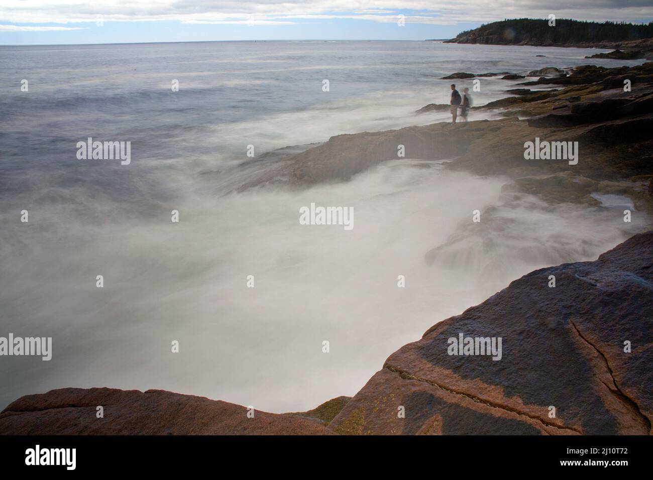Beautiful shot of a person standing on a shoreline of Acadia on a foggy ...