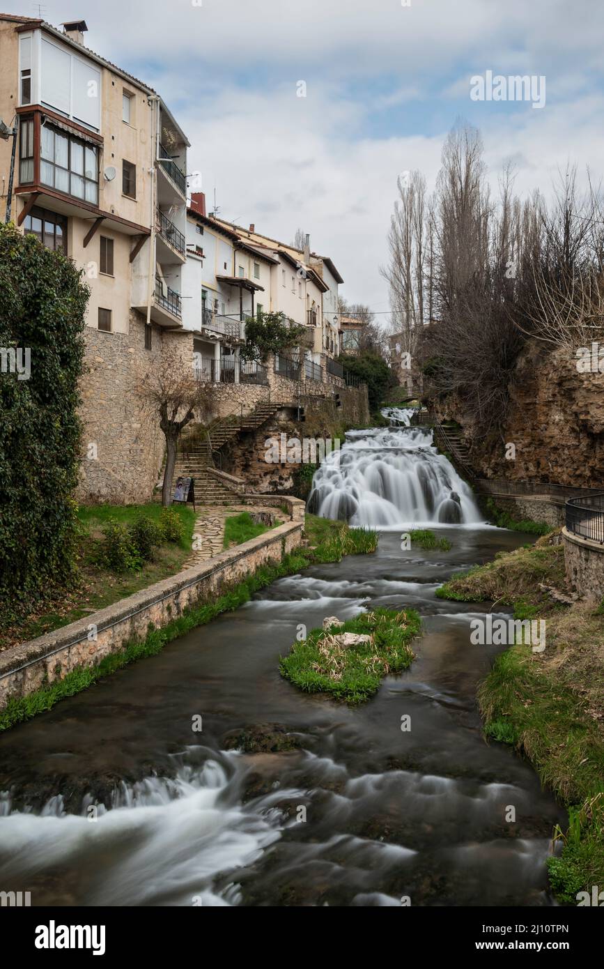 Waterfalls of the Cifuentes river flowing through the Spanish village ...