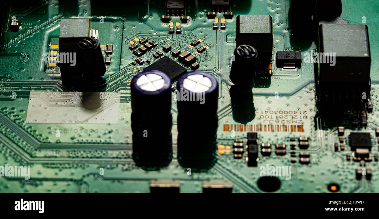 Macro Close up of components and microchips on PC circuit board of ...