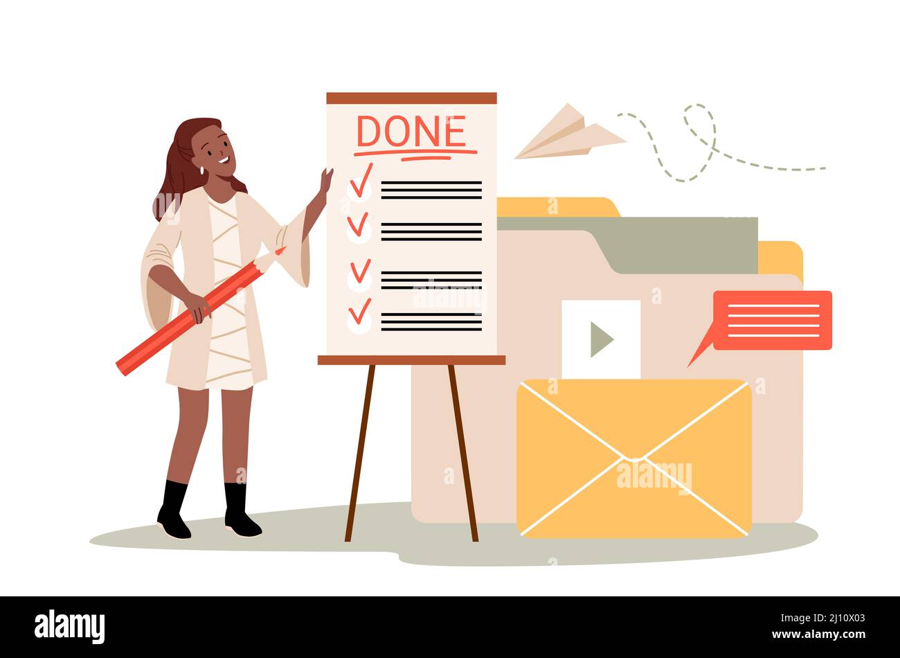 Work of woman with checklist paper document, tiny employee standing ...