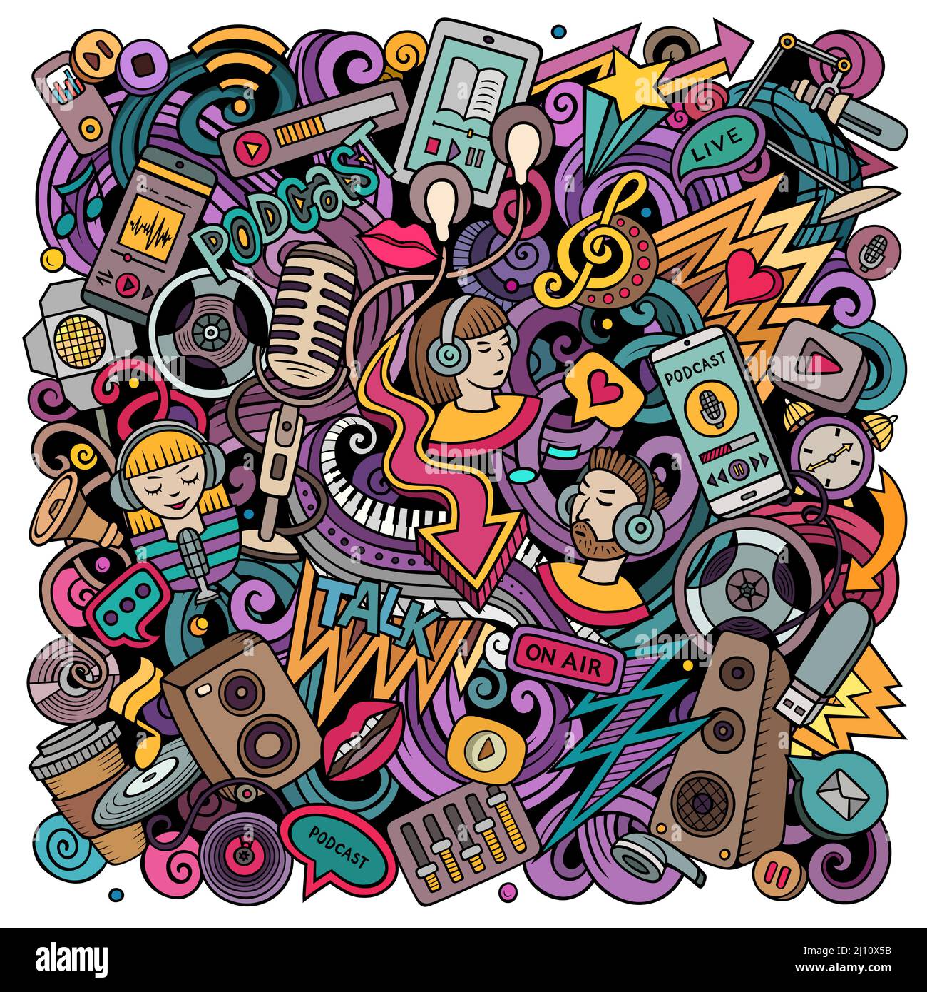 Audio content cartoon doodles illustration. Creative funny vector ...
