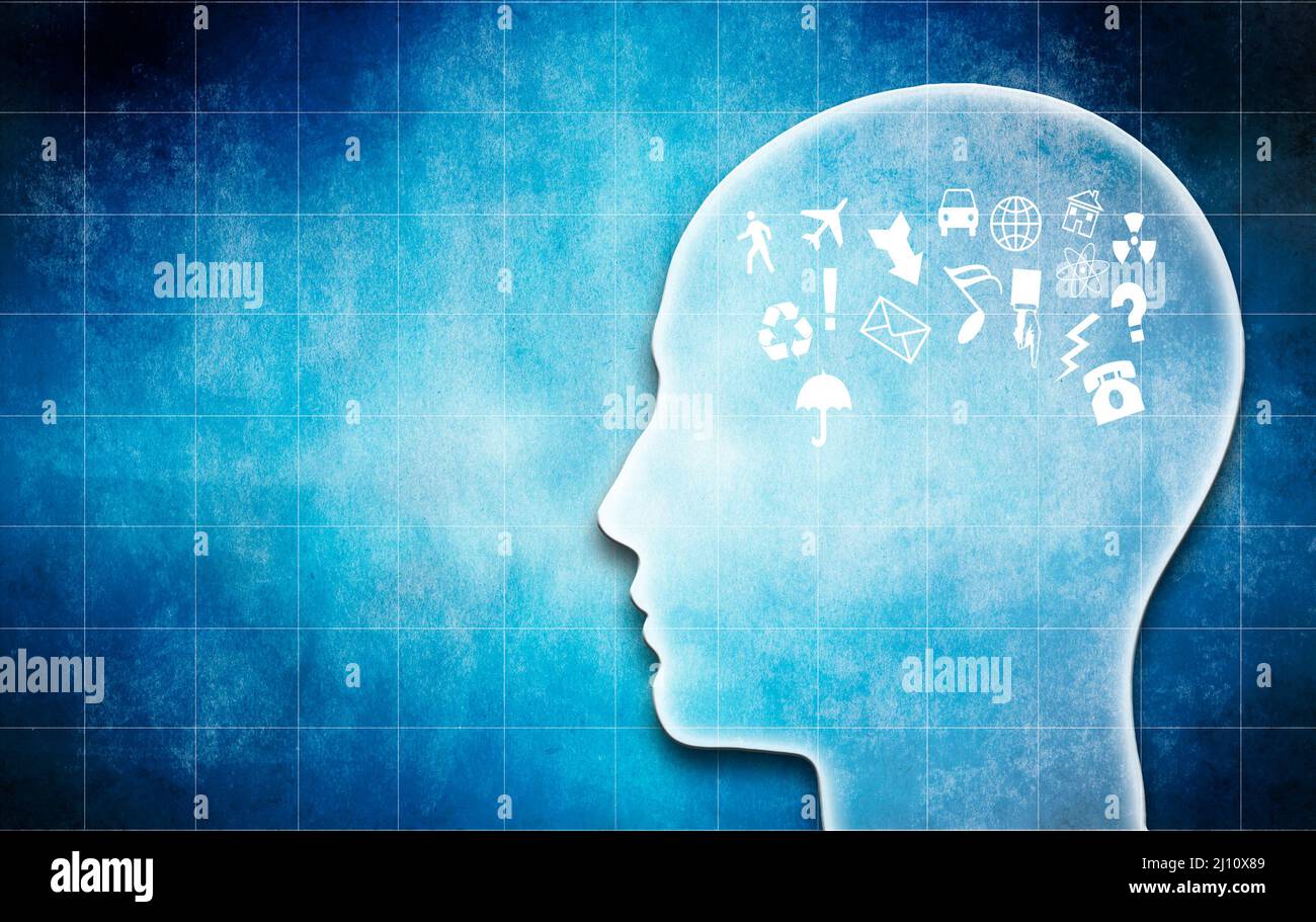 human head with symbols inside it Stock Photo - Alamy