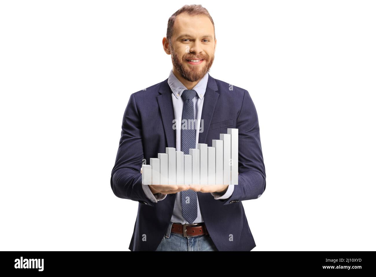 Young professional man holding a bar chart in his hands and smiling ...