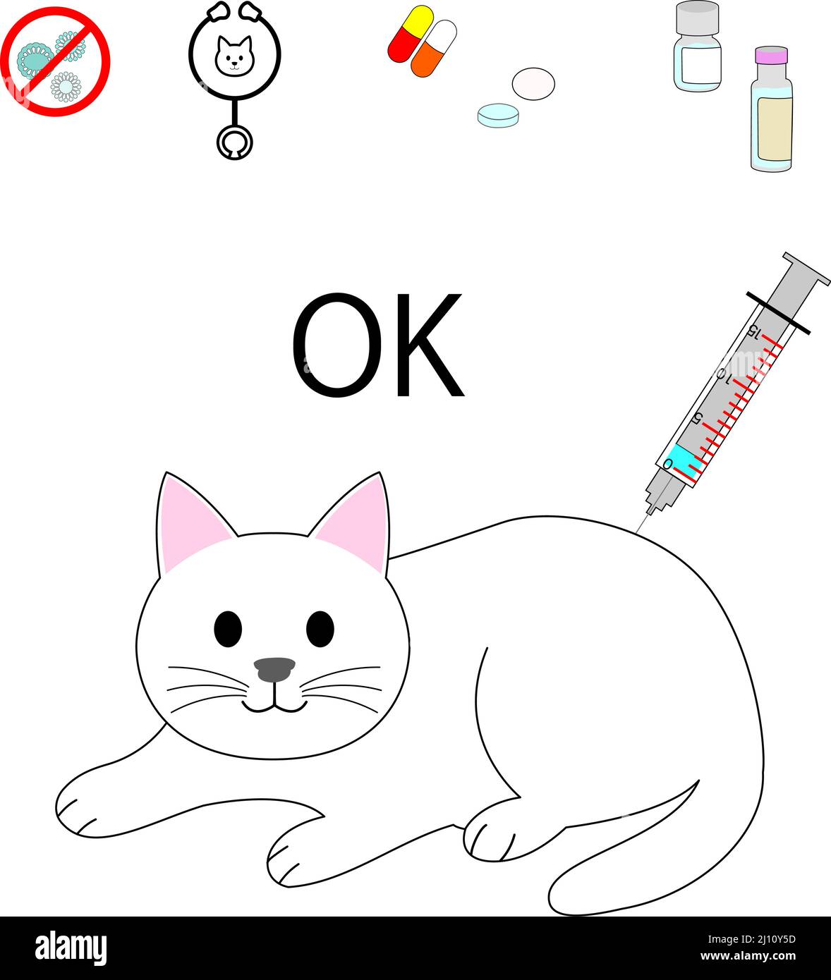 A white cat with medical icons: a stethoscope, medicatios, virus icon ...