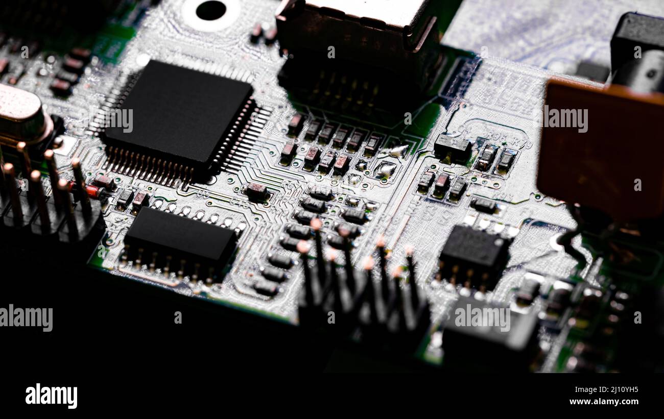 Macro Close up of components and microchips on PC circuit board Stock ...