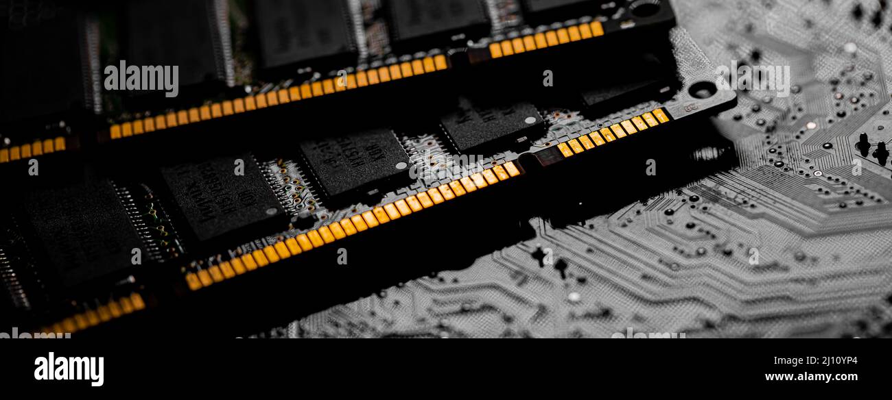 Macro Close up of computer RAM chip; random access memory chip slot for ...