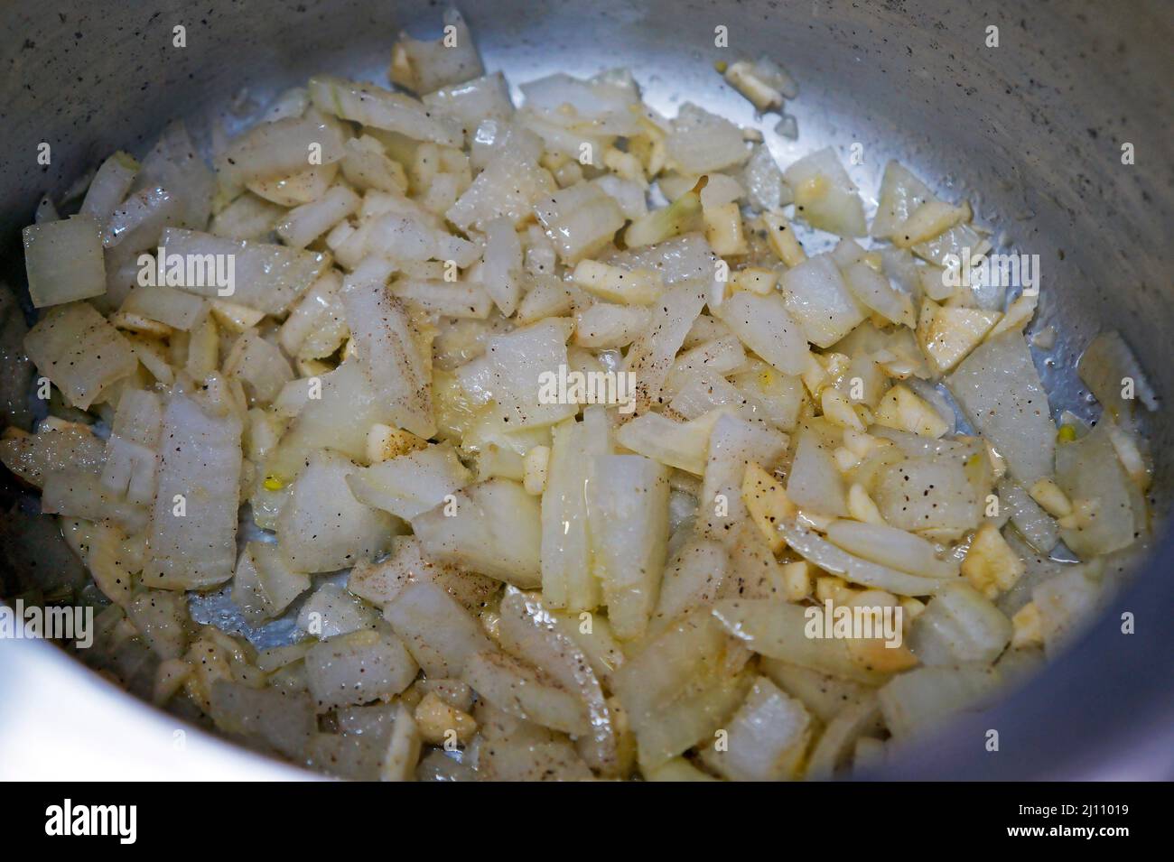 Seasonings (onion, garlic, salt, black pepper, olive oil) in the ...