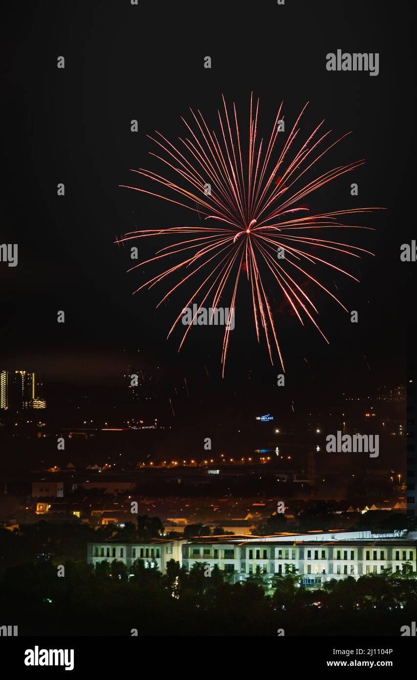 Beautiful view of firework in a city Stock Photo - Alamy