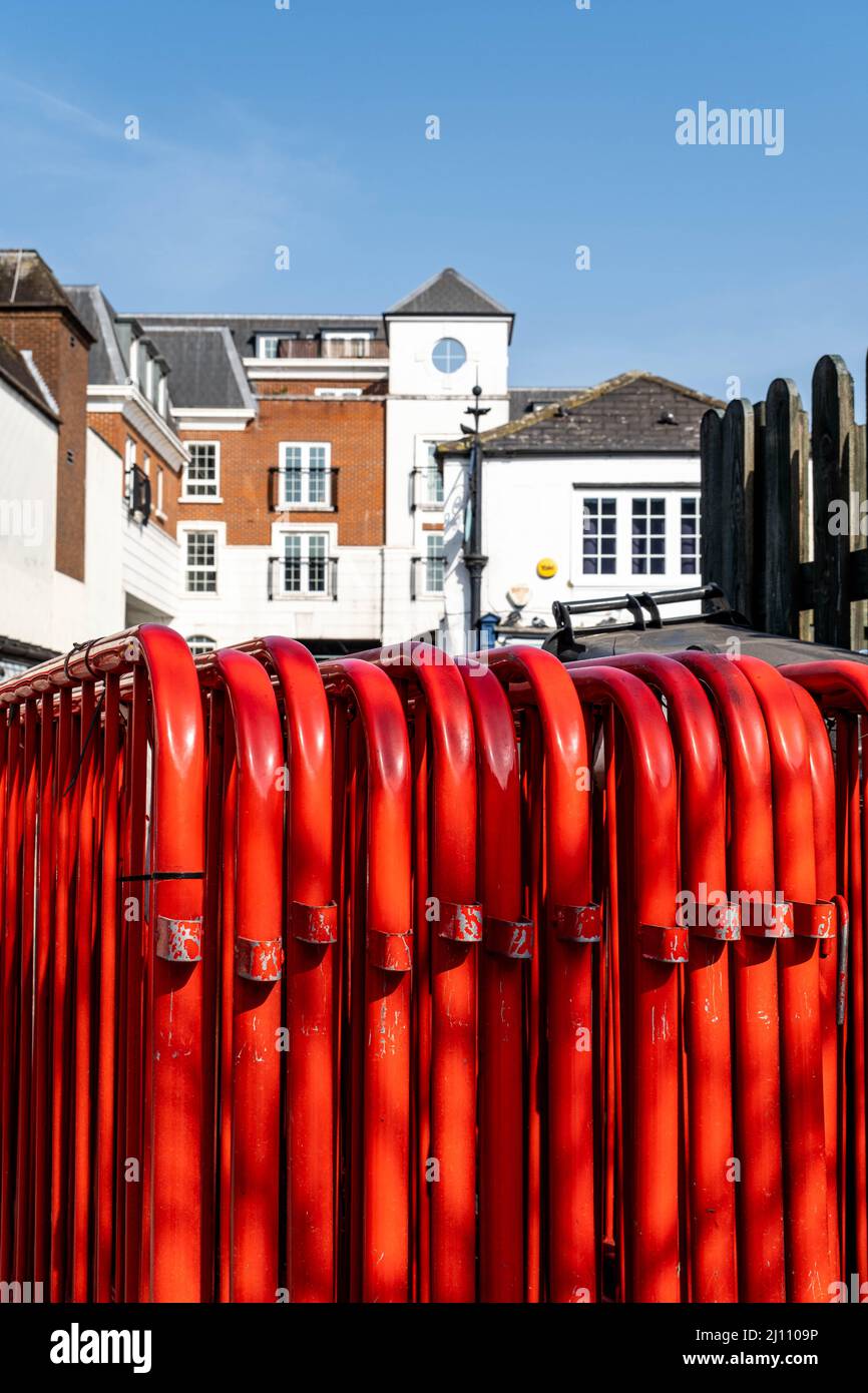Epsom Surrey London UK, March 21 2022, Red Painted Metal Crowd Safety ...