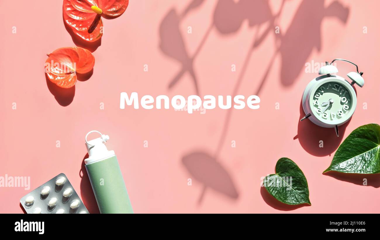 Menopause, text in pink frame. HRT Replacement hormone therapy ...