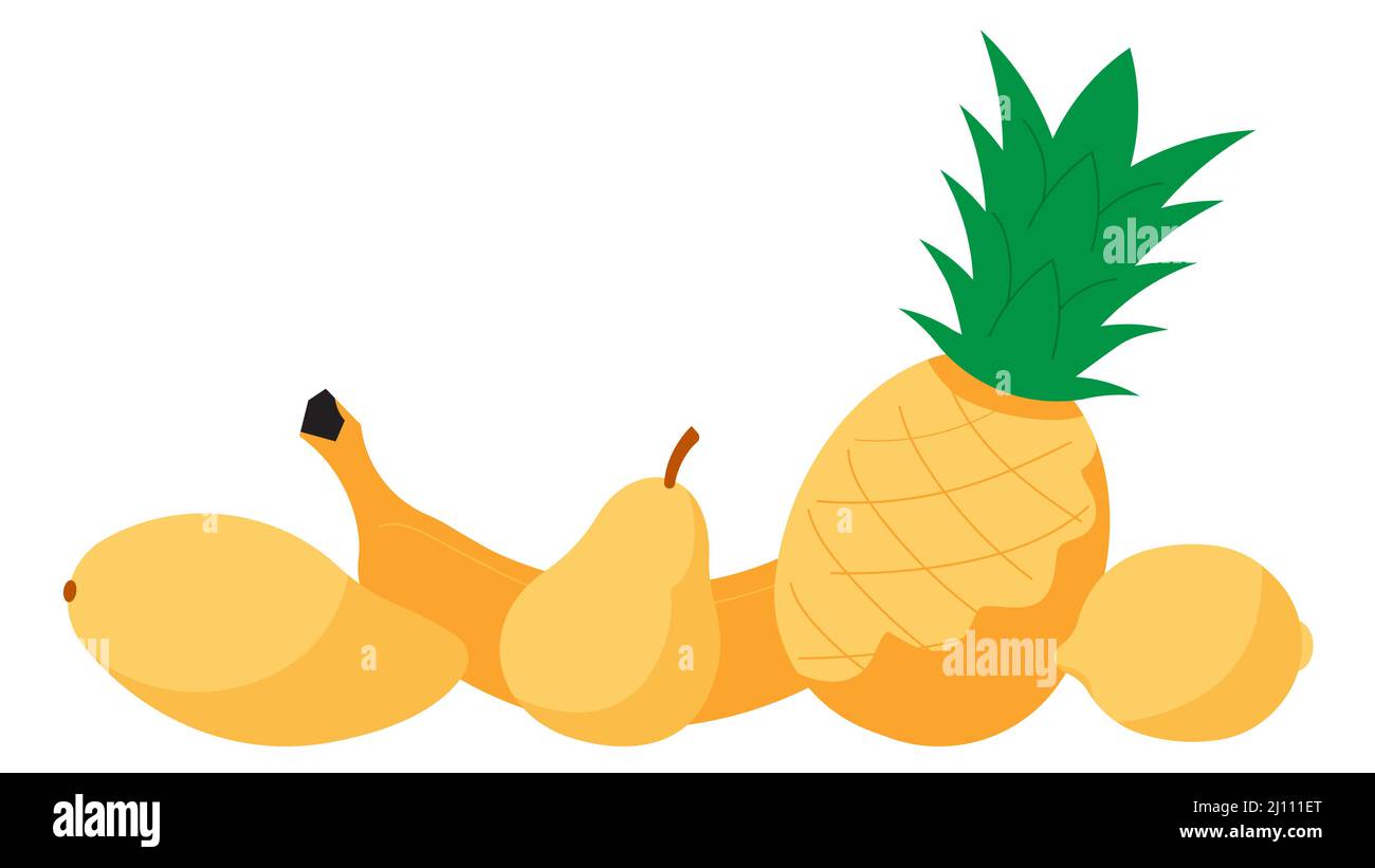 Tropical fruits: mango, banana, pear, pineapple, lemon. Juicy sweet ...