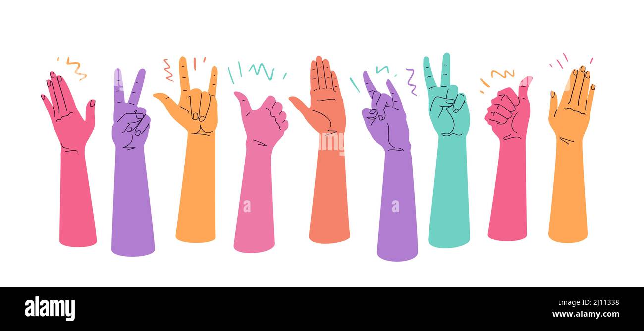 Raised hands gestures express happiness and success. Crowd of people ...