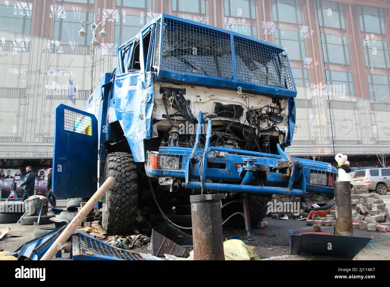 Kyiv, Ukraine - Destroyed water cannon vehicle on Maidan. Ukrainian war ...