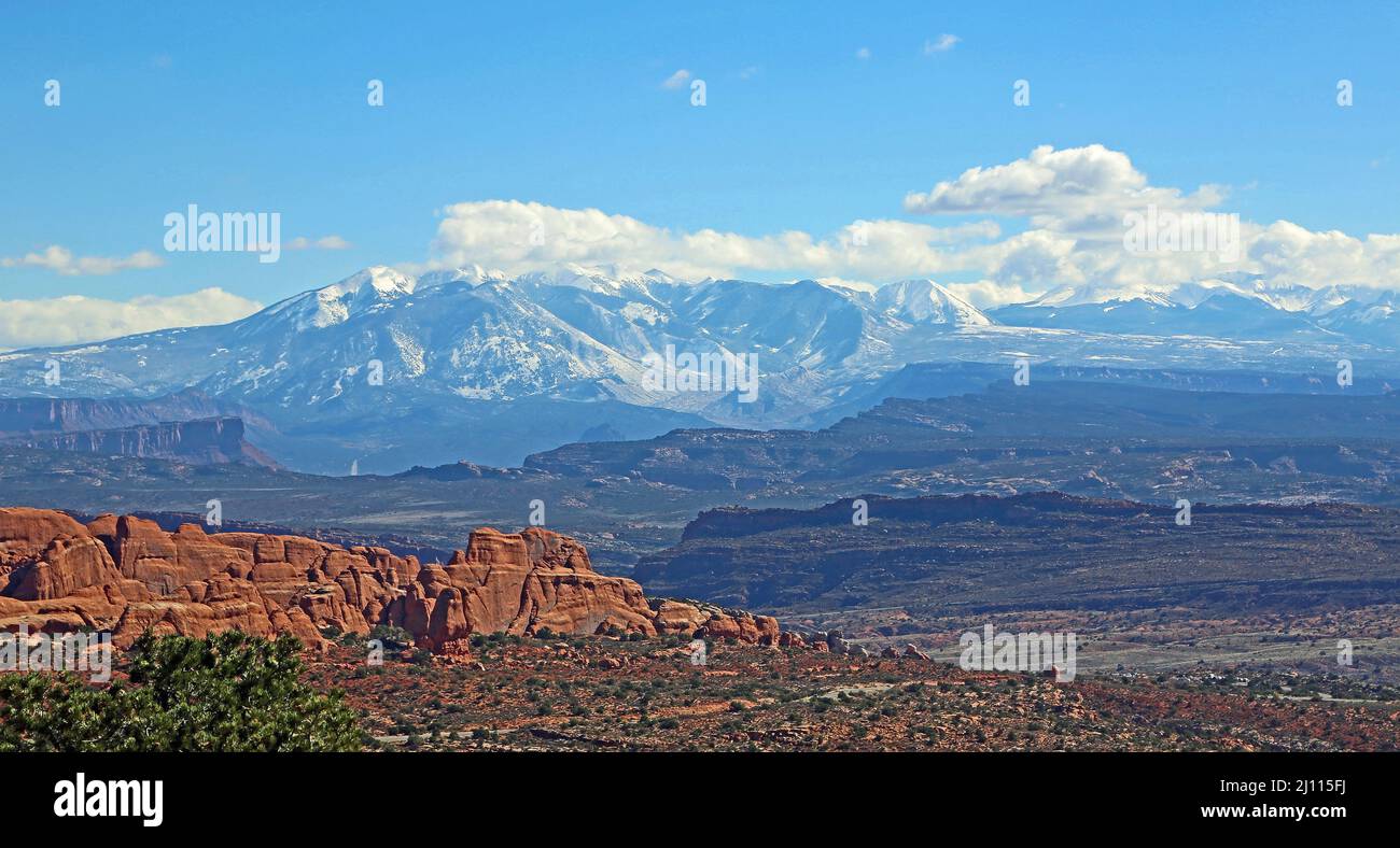View at La Sal Mountains from Arches NP - Utah Stock Photo - Alamy