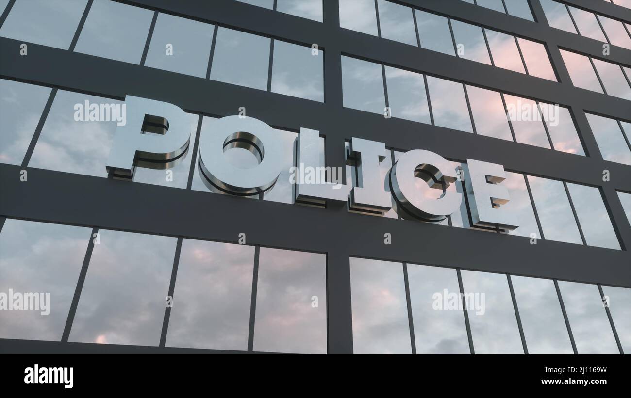 Police sign on a modern glass skyscraper. Police glass building. 3d ...