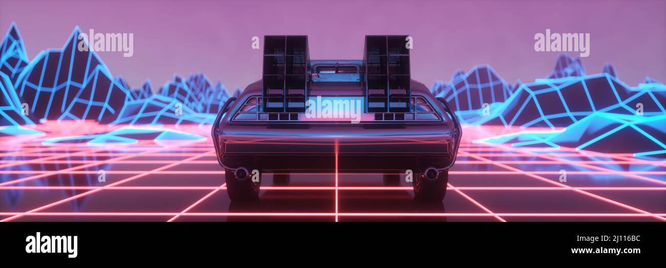 Car in neon cyberpunk style. 80s retrowave background. Retro futuristic ...