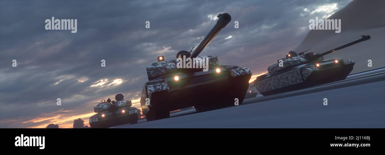Military tanks in the city. Concept of War. 3d illustration Stock Photo ...