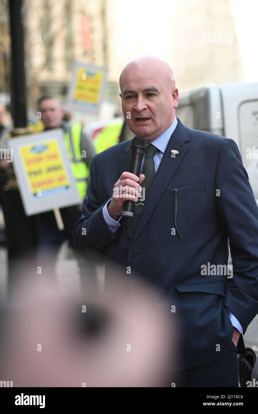 London, UK. 21 March 2022. Speakers Mick Lynch attends Union coalition ...