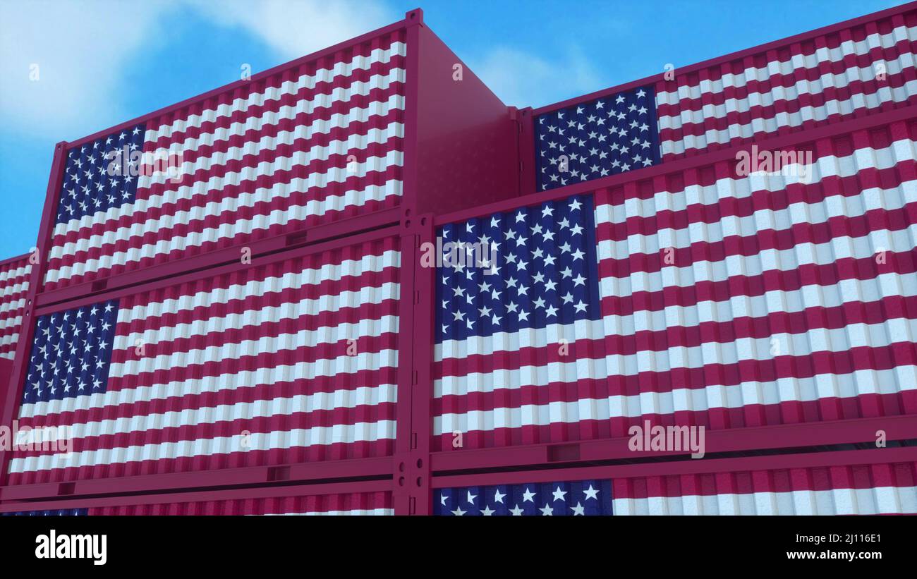 USA flag containers are located at the container terminal. American ...