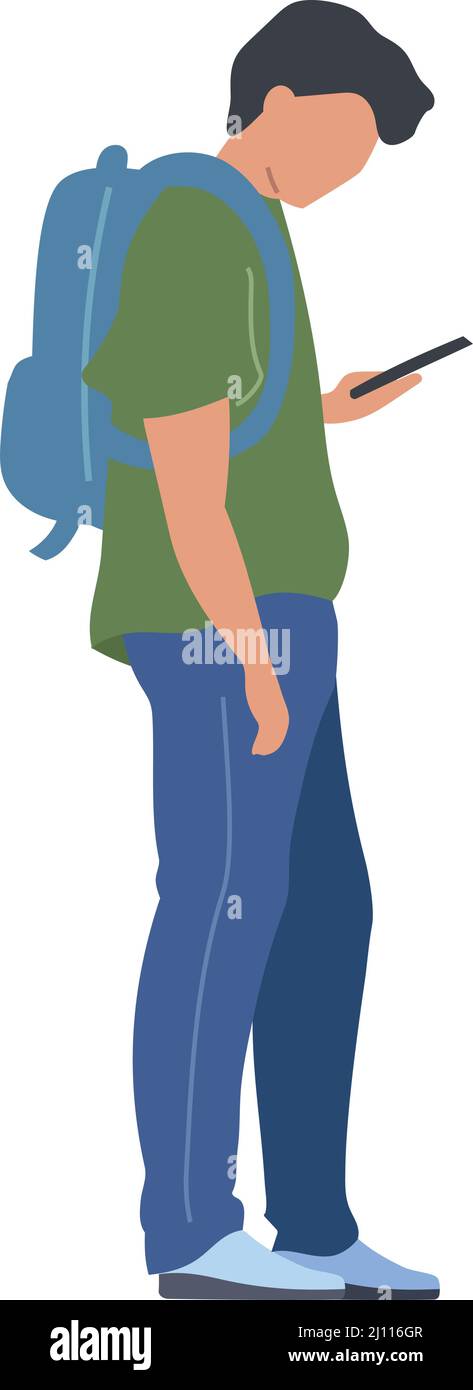 Dark haired young man searching info on mobile device semi flat color ...