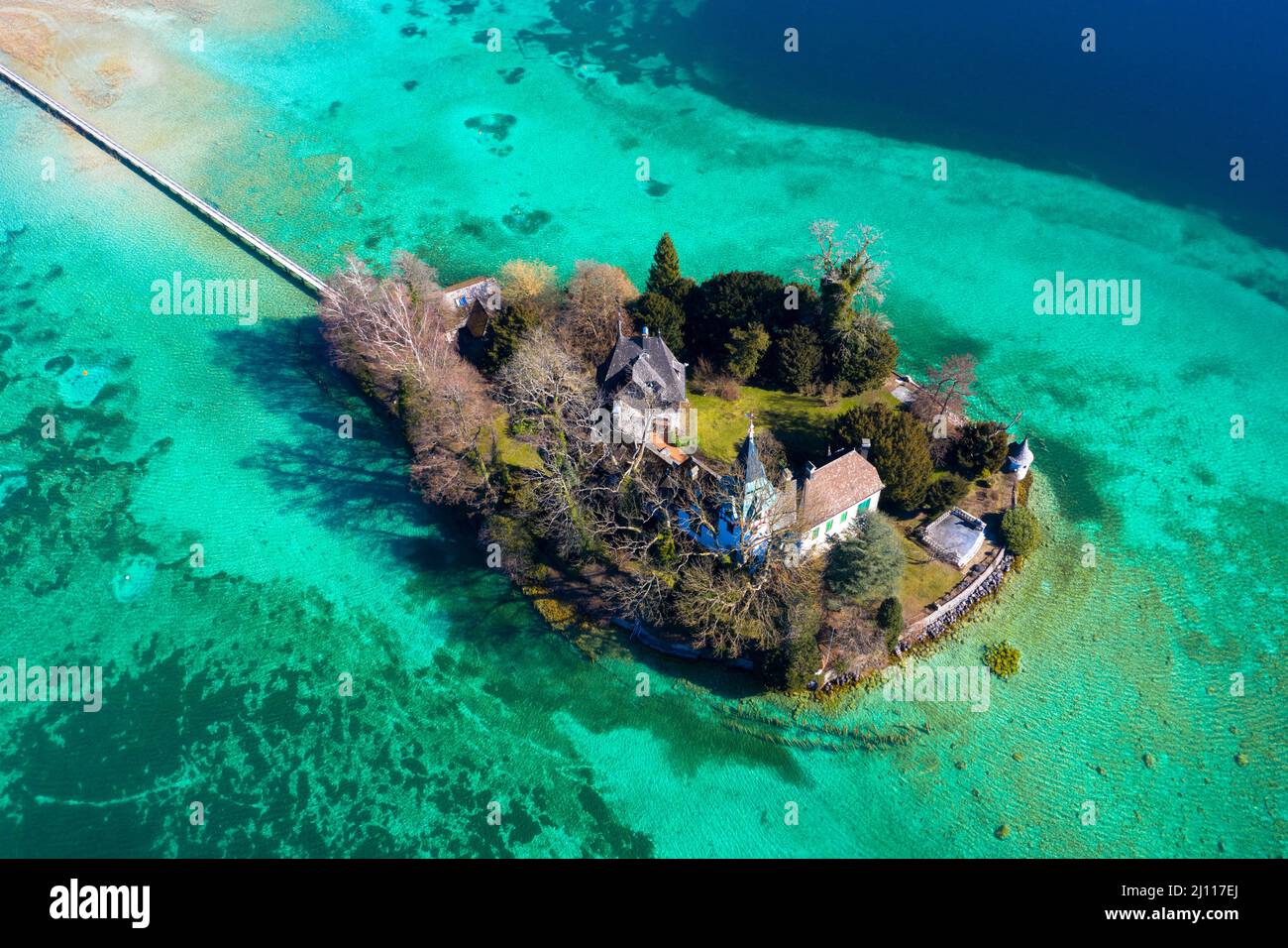 Aerial view of Lizlberg Castle. Litzlberg Castle is located on a small ...