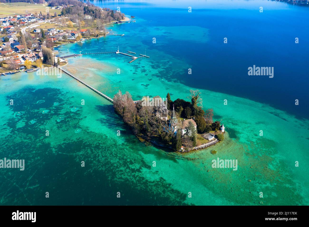 Aerial view of Lizlberg Castle. Litzlberg Castle is located on a small ...