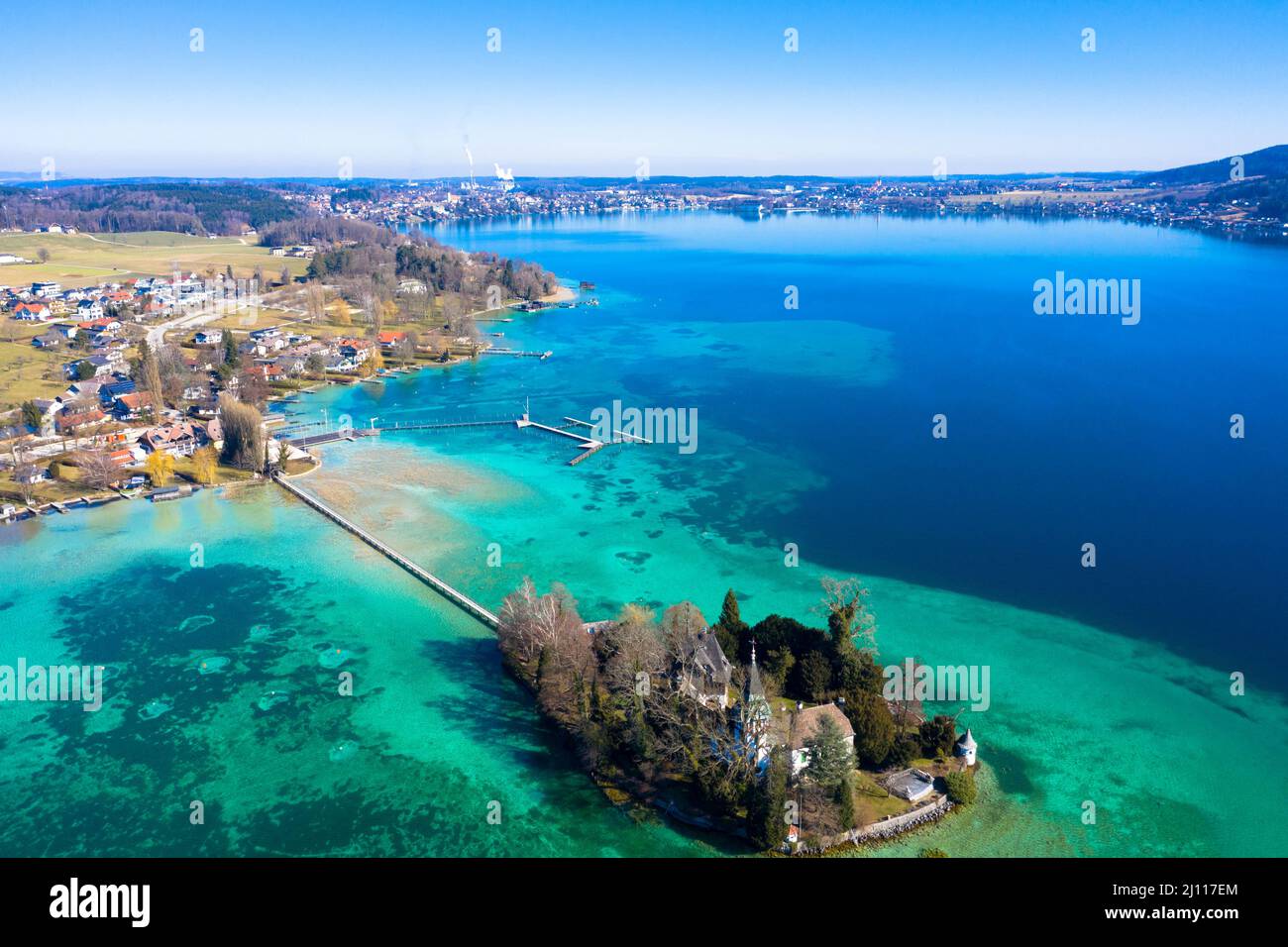 Aerial view of Lizlberg Castle. Litzlberg Castle is located on a small ...