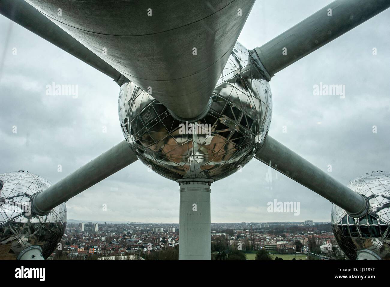 Detail of the Brussels Atomium. Building representing an iron crystal ...
