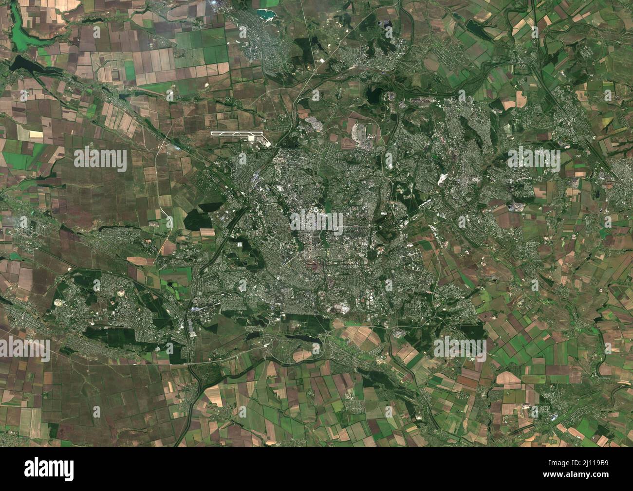 Color satellite image of Donetsk, Ukraine. Donetsk is an industrial ...