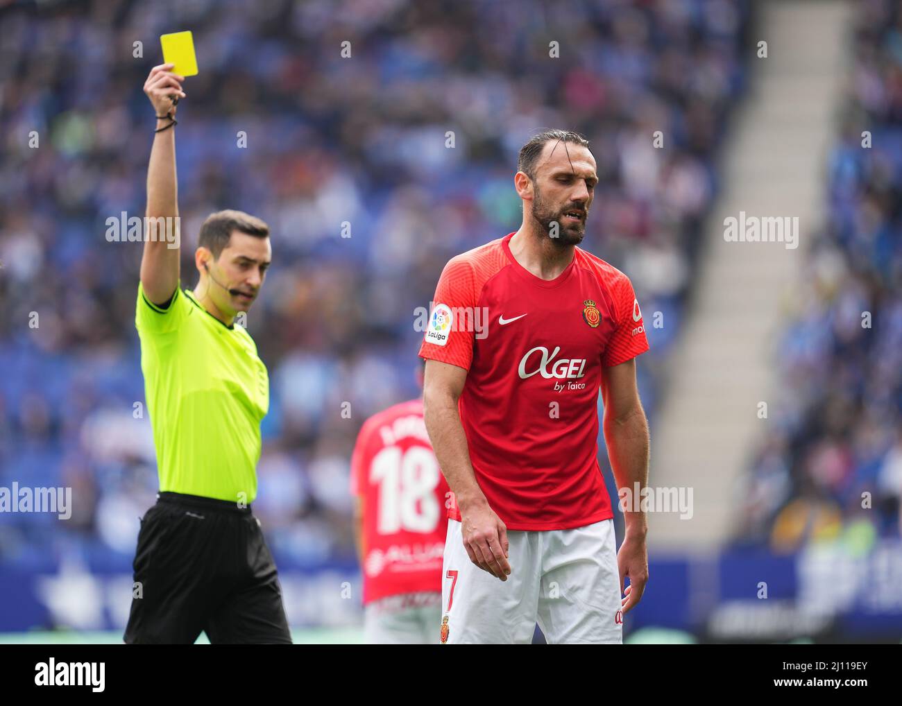 Vedat Muriqi of RCD Mallorca receives yellow card during the La Liga ...