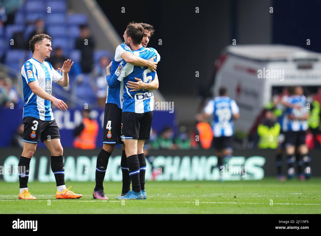 Leandro Cabrera, Fernando Calero and Adria Pedrosa of RCD Espanyol ...