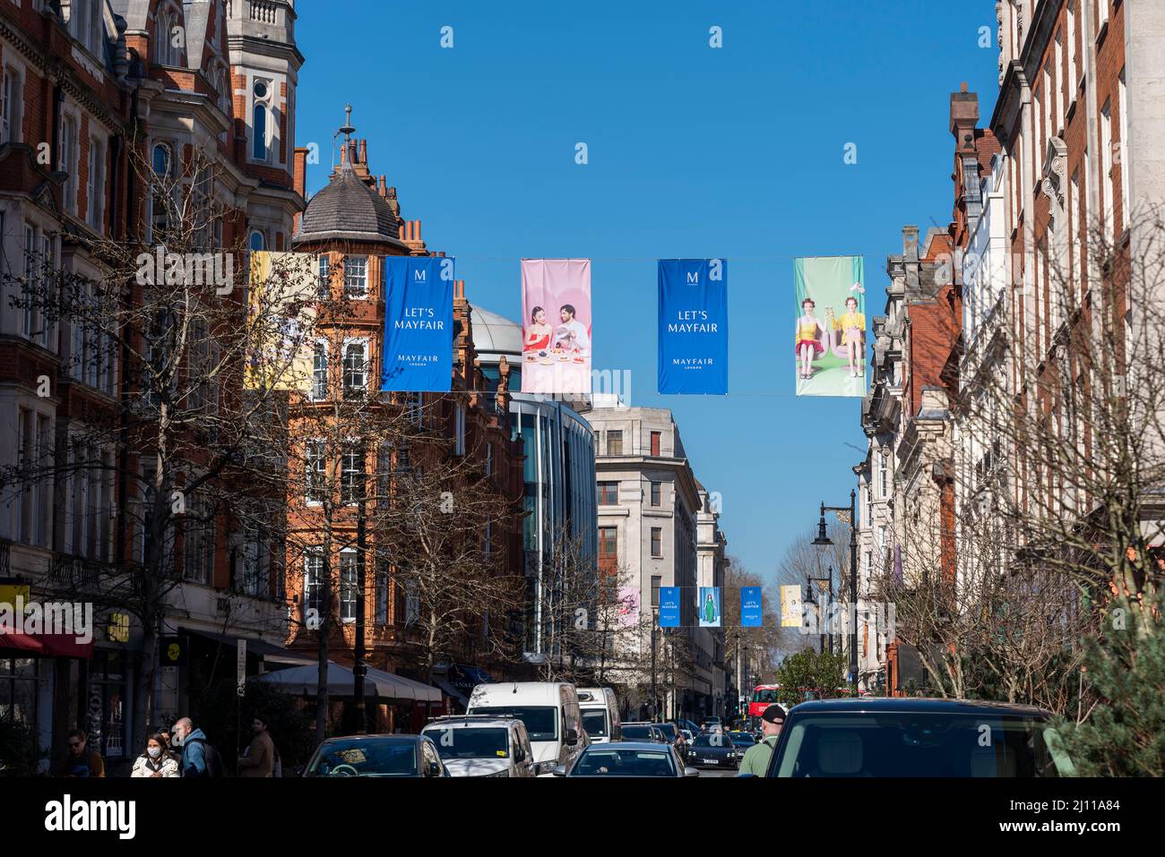 Let's Mayfair promotional banner flags hanging above a street in ...