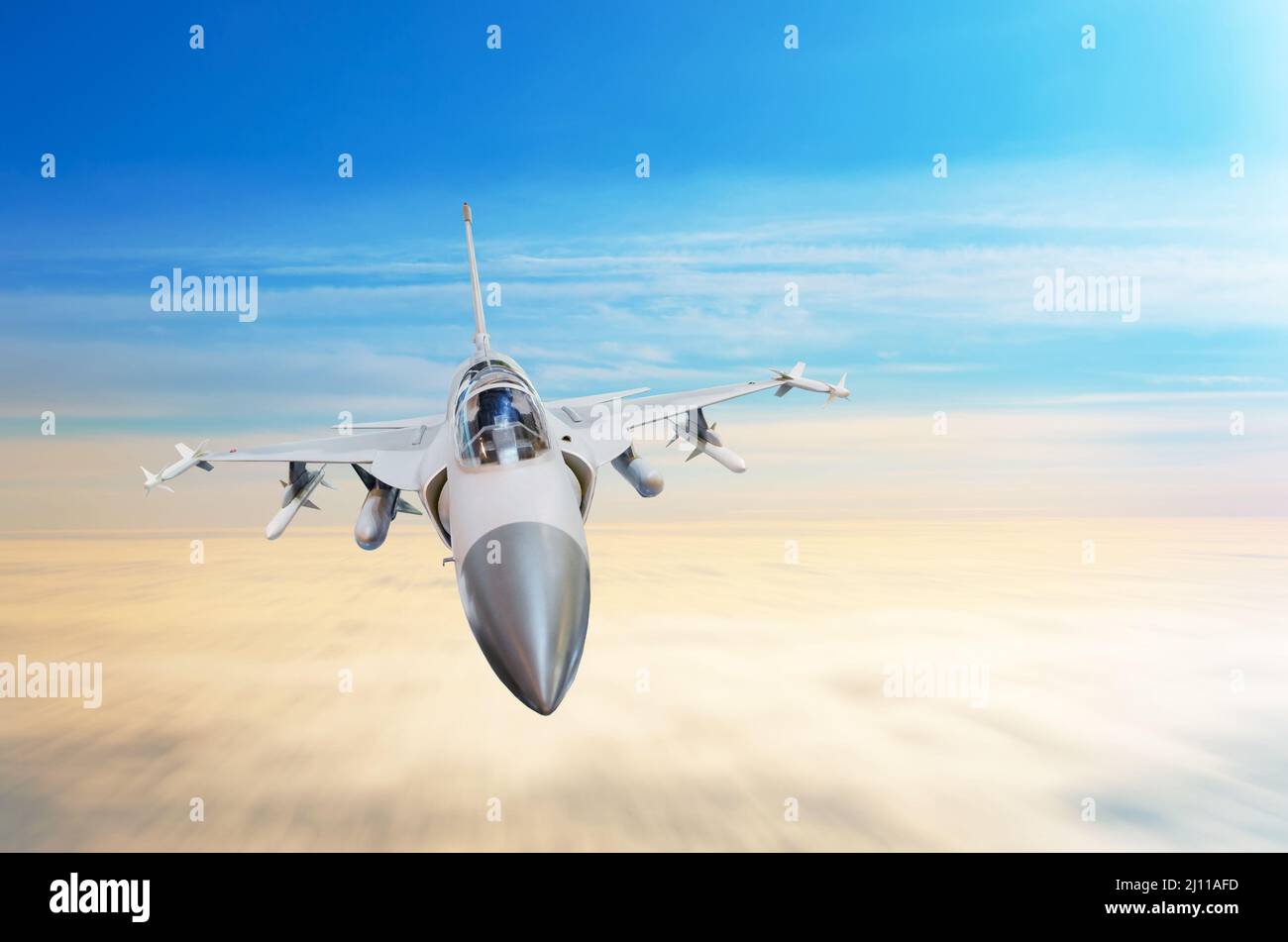 Military fighters jet aircraft on a combat mission, flying high in the ...