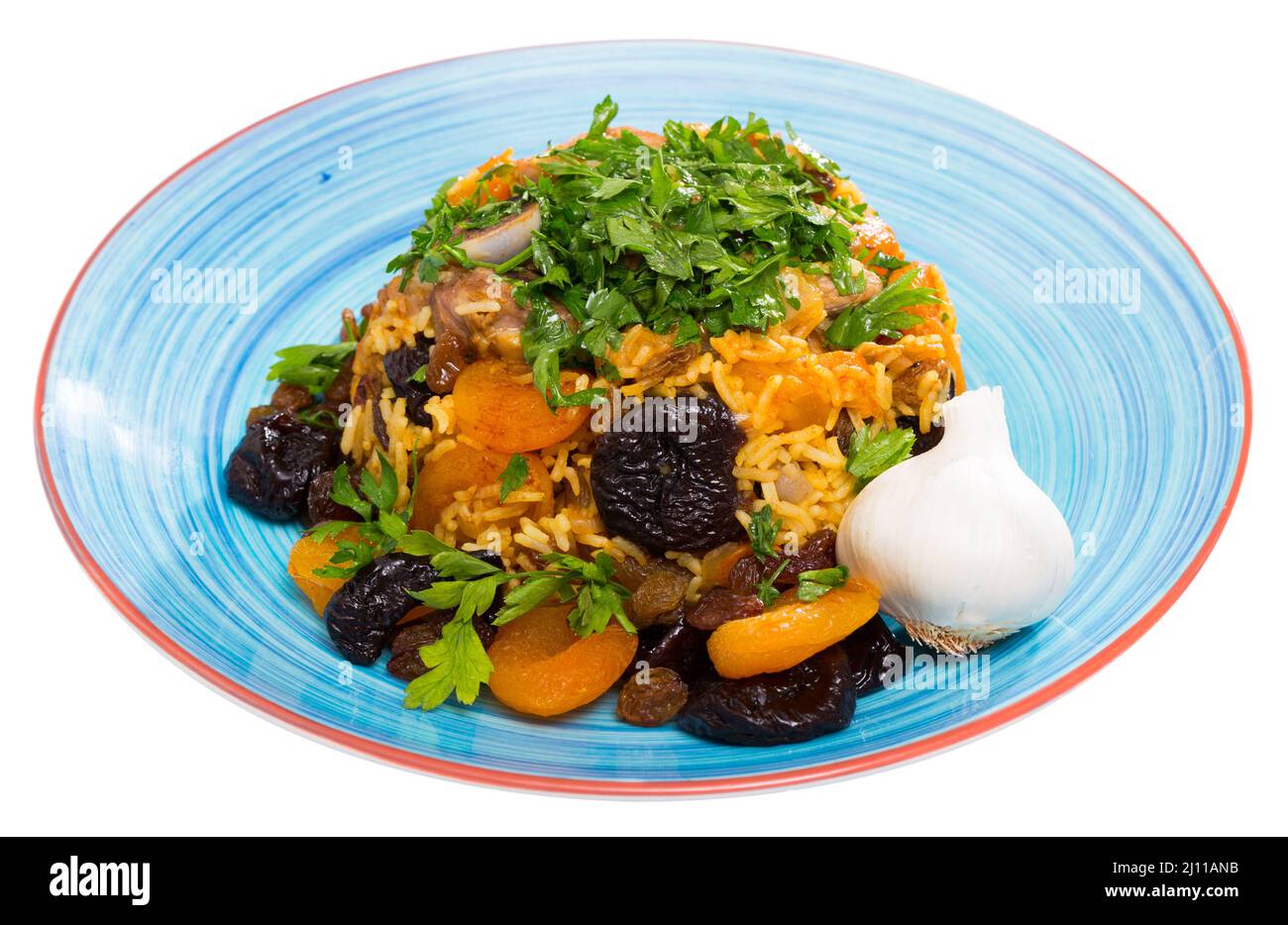 Rice pilaf with mutton, prunes, garlic Stock Photo - Alamy