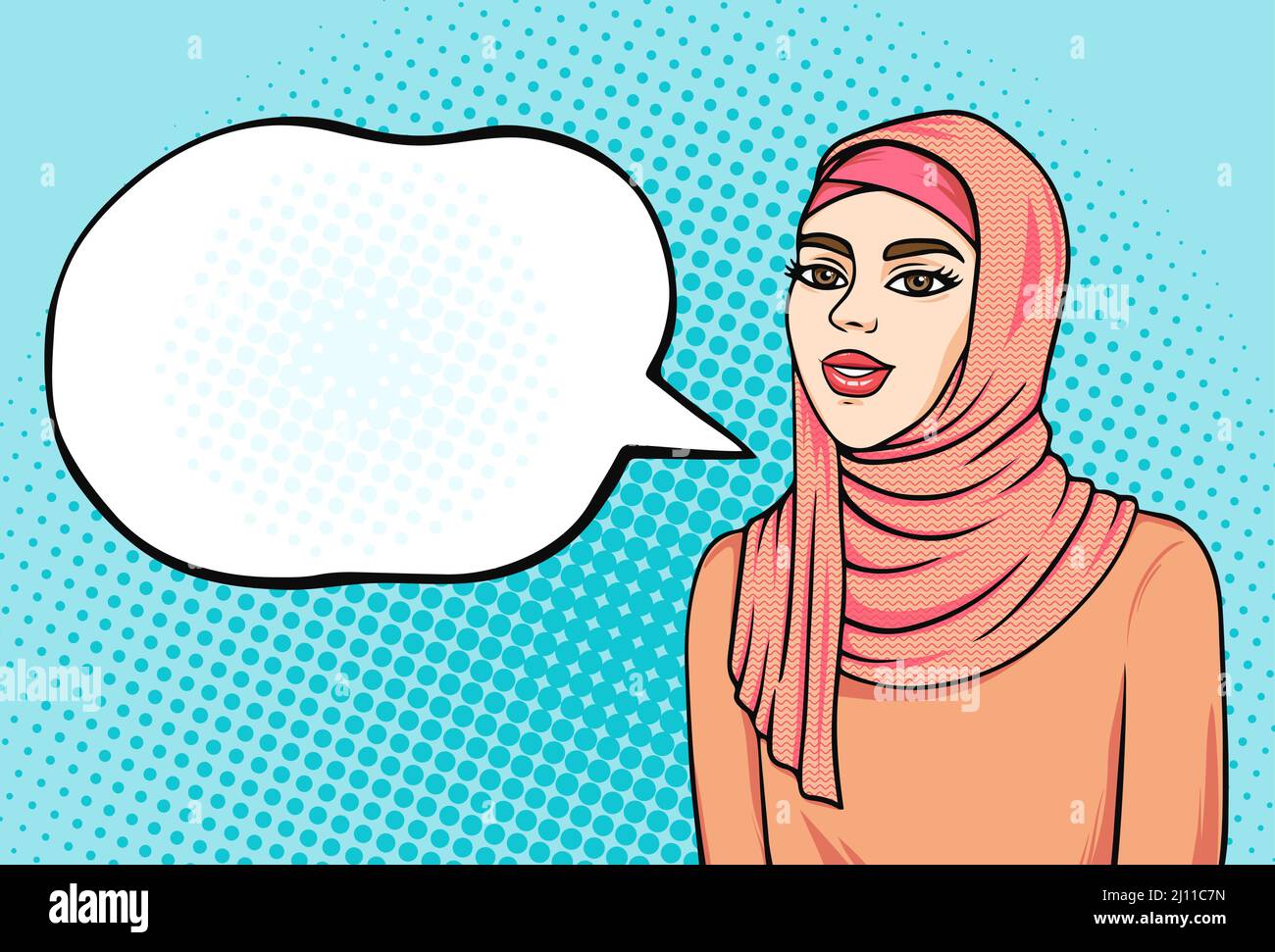 Happy young muslim woman in hijab with empty speech bubble for your ...