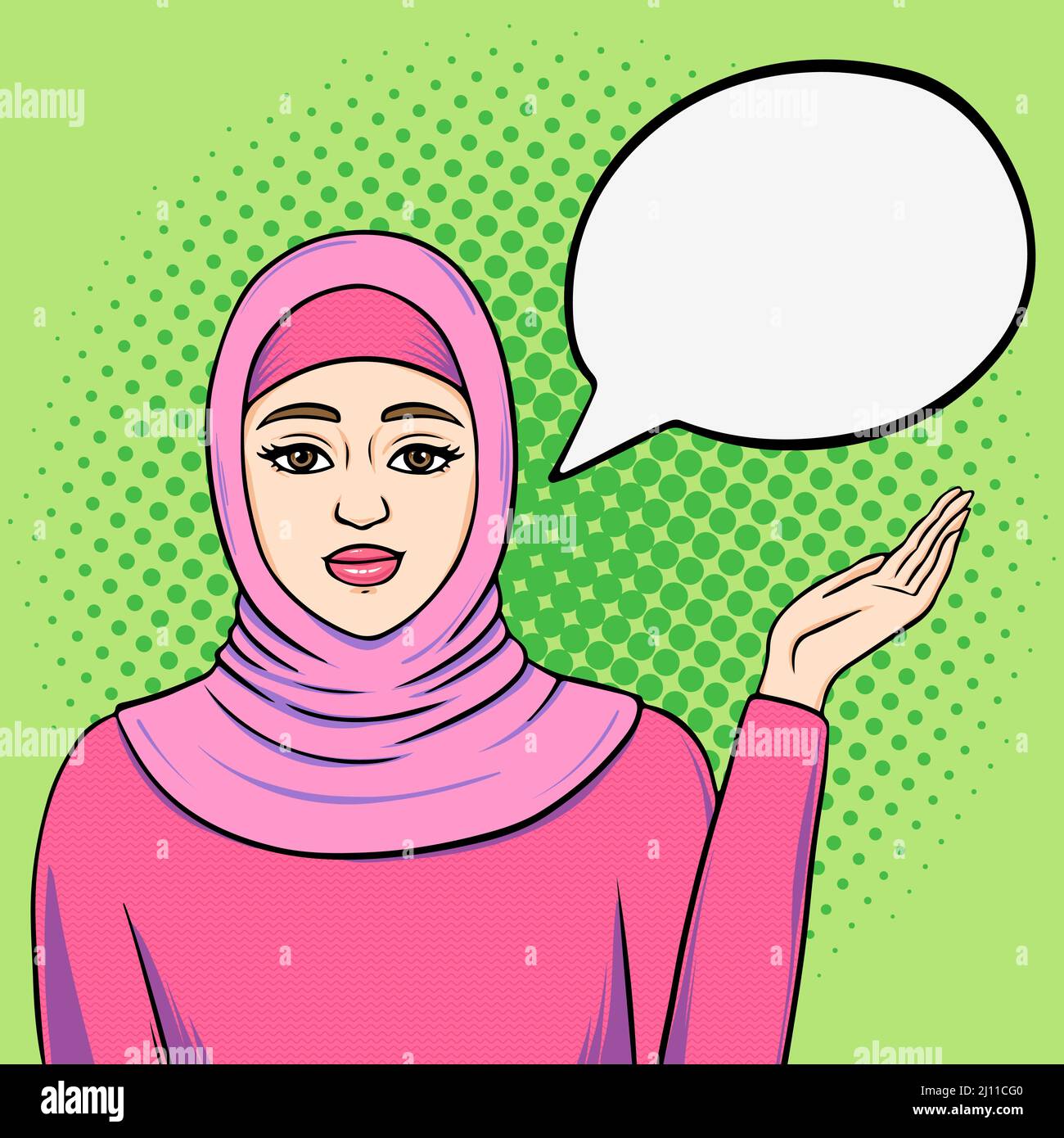 Happy young muslim woman in pink hijab showing with hand on empty ...