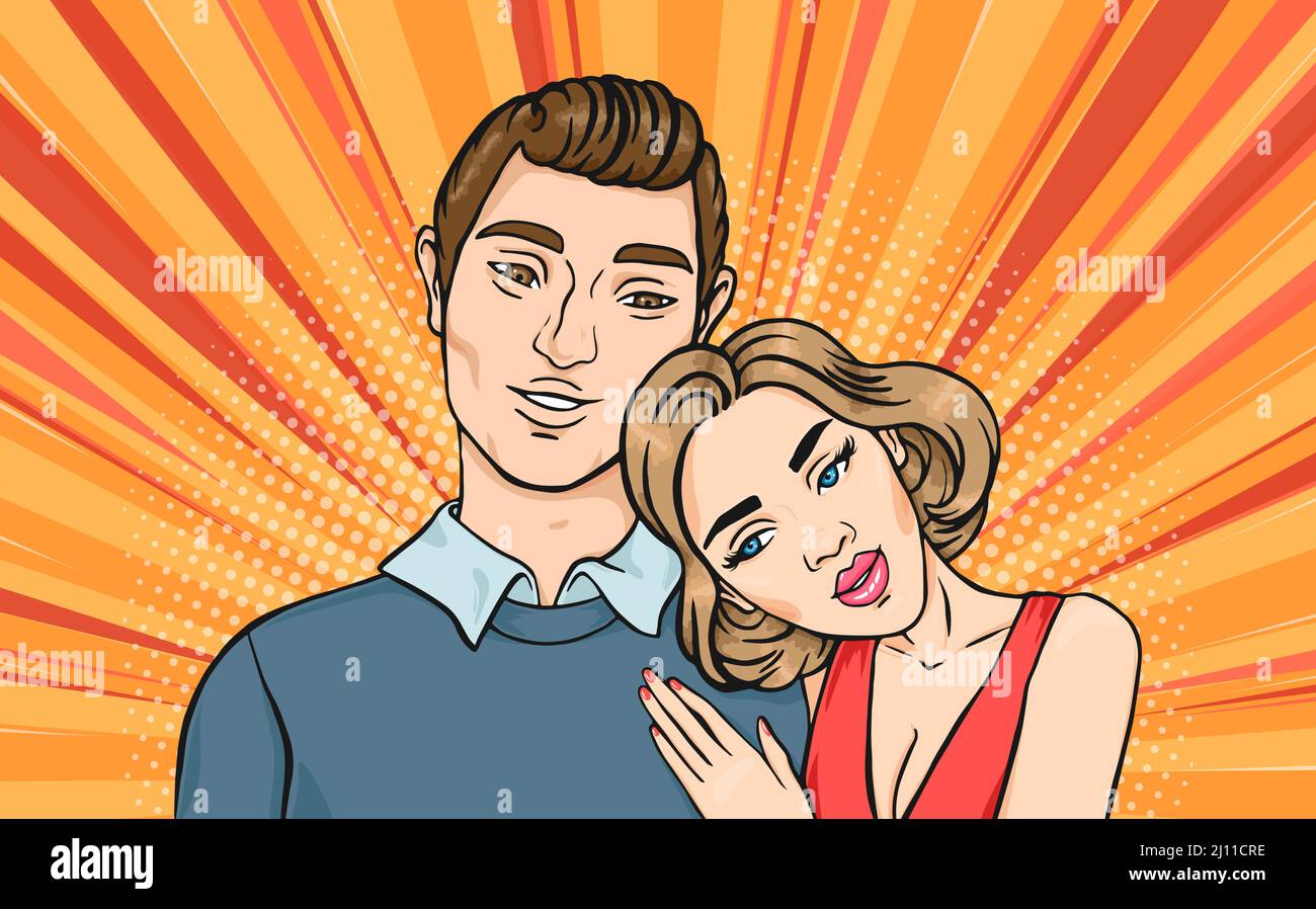 Joyful family couple hugging, hand drawn pop art comic style retro ...