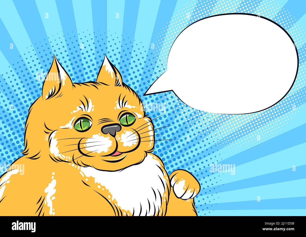 Cute fat cat pointing on empty speech bubble, pop art comic style ...