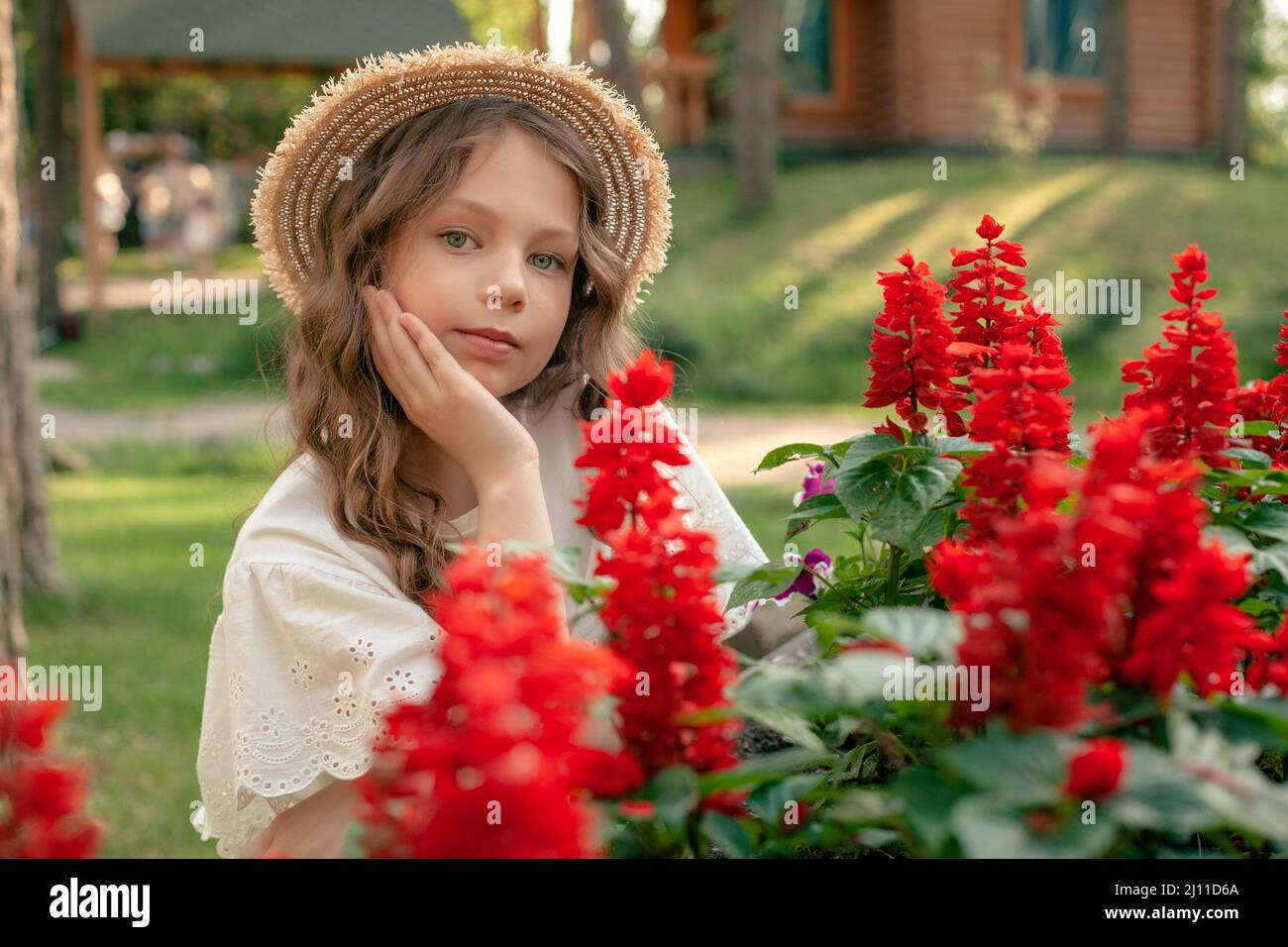 Dreamy tween girl posing near flowerbed with blooming red salvia in ...