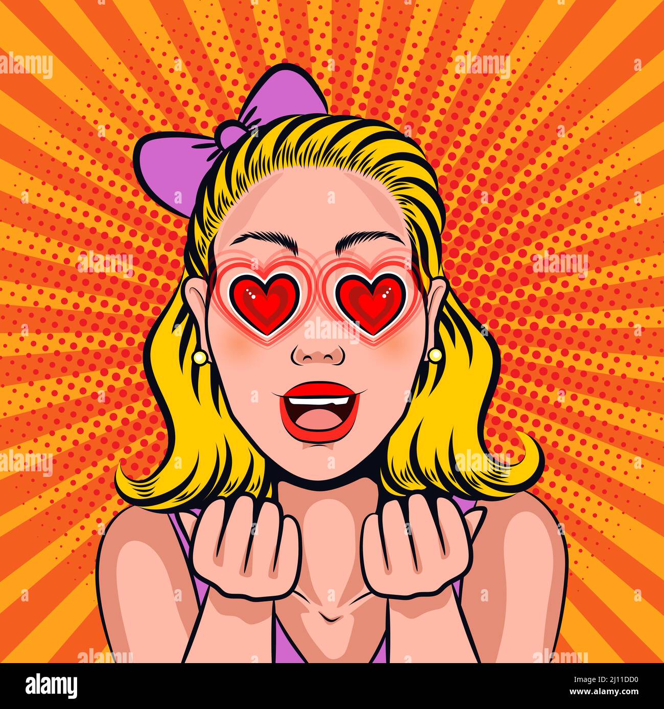 Pop art excited woman face with open mouth and heart eyes. Blonde woman ...