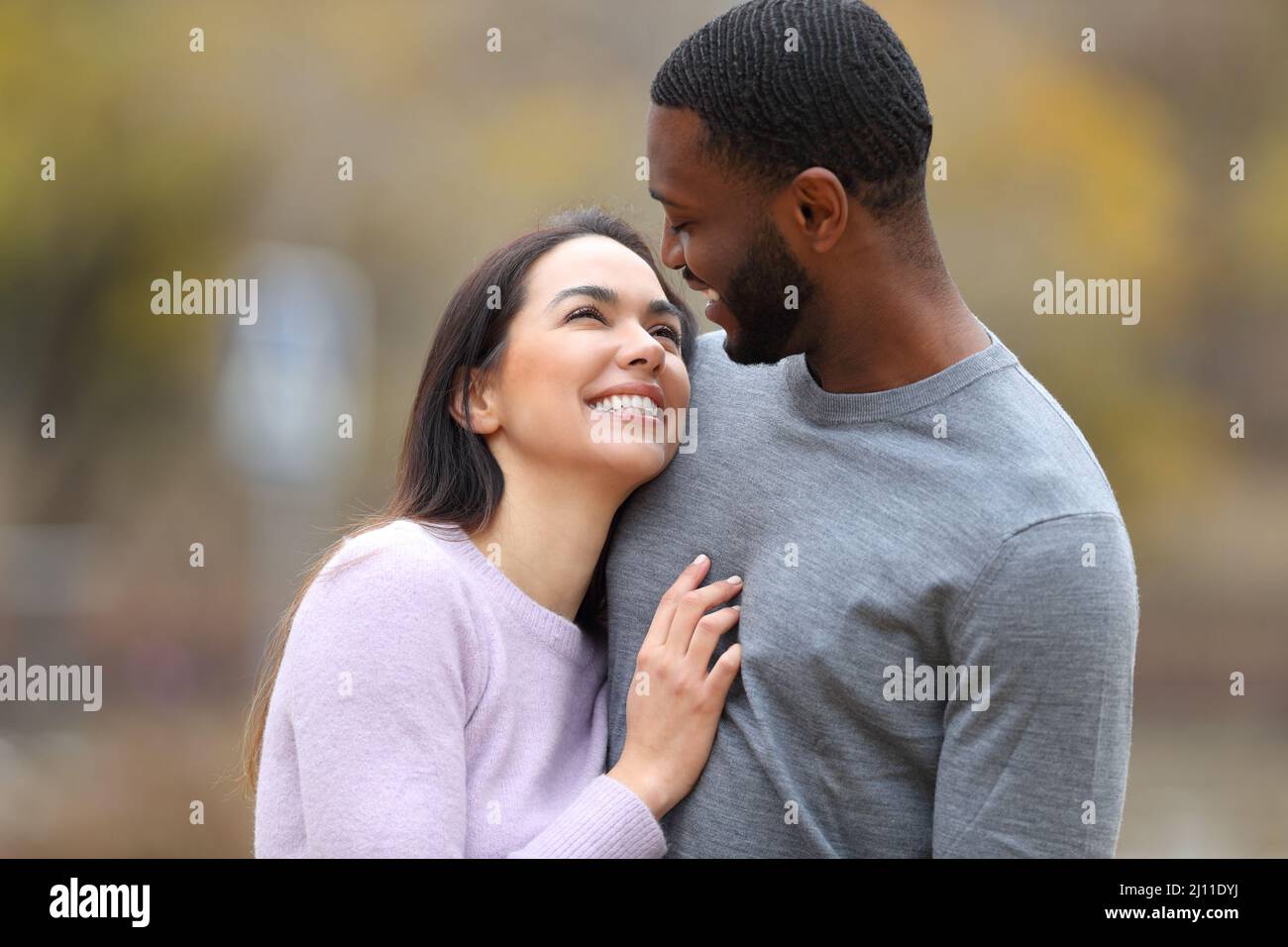 Happy interracial couple in love looking each other in a park Stock ...