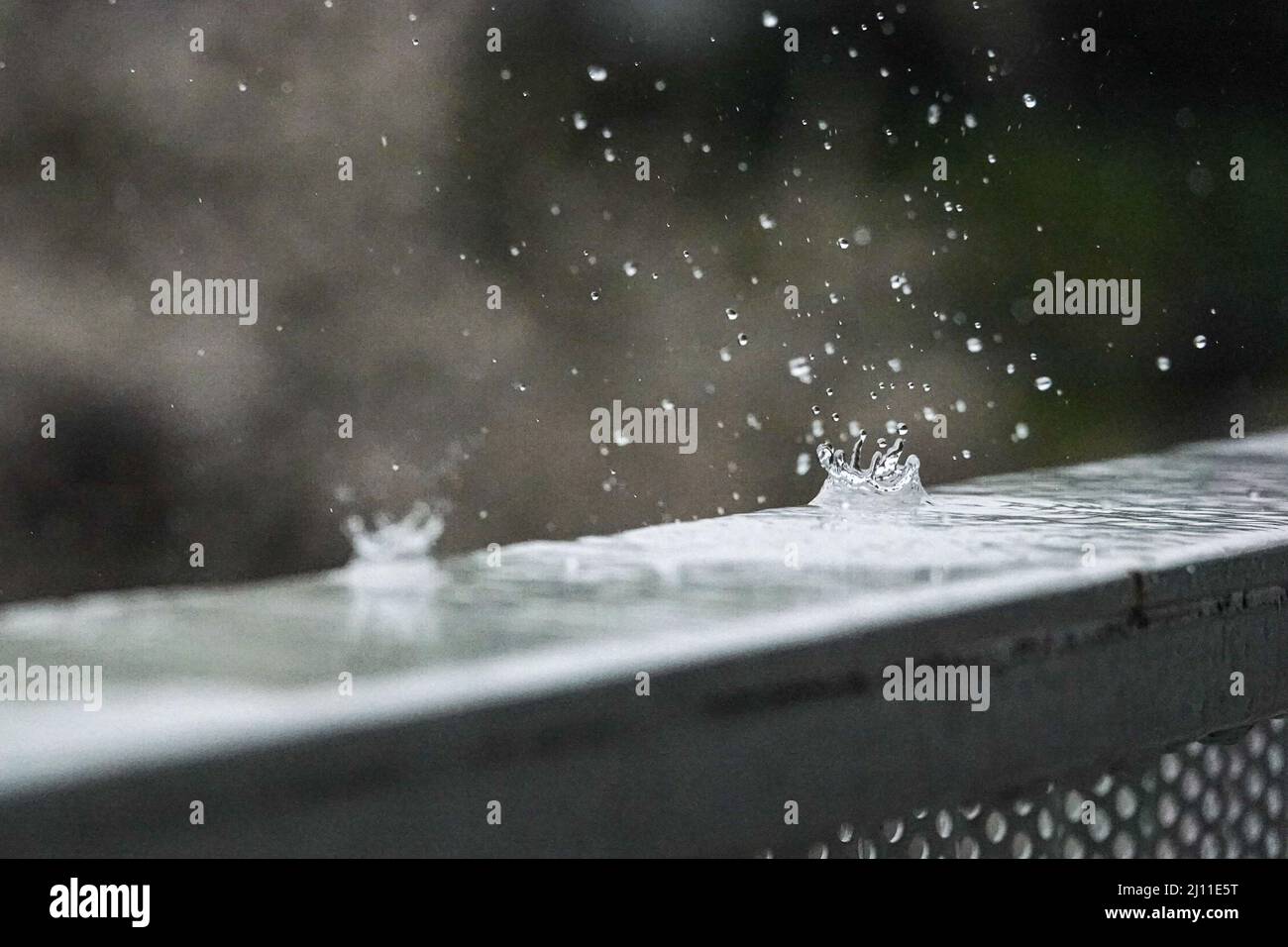 Raindrops fall and make interesting shapes on a cold steel rail Stock ...