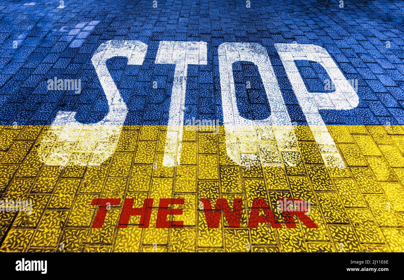 Flag of Ukraine, Ukrainian flag on stop sign. Stop the war. Russia ...